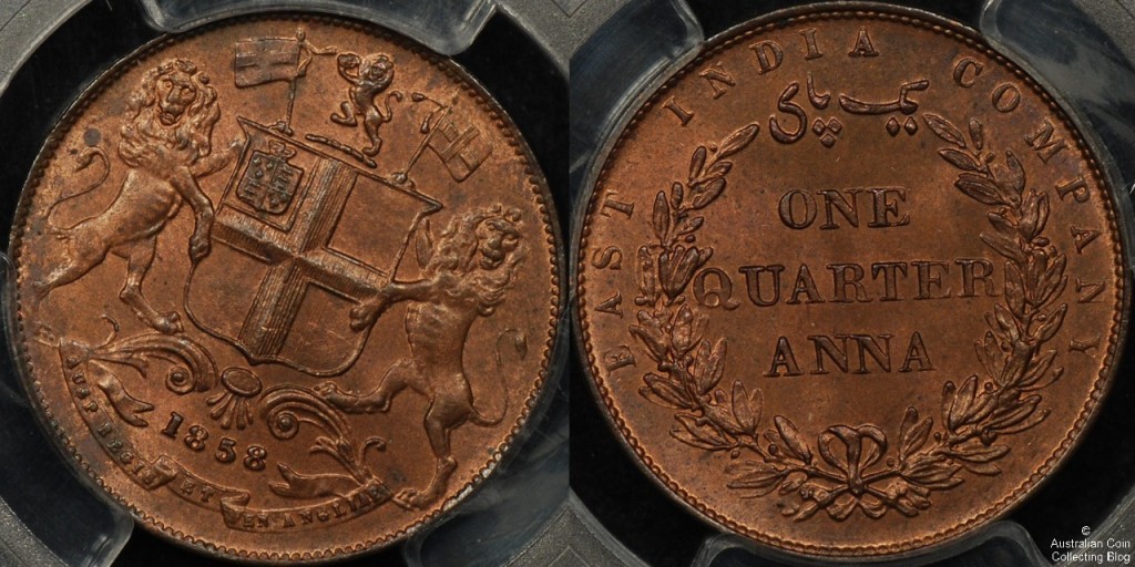 India 1858 1/4 Anna PCGS MS64RB – Our Coin Catalog